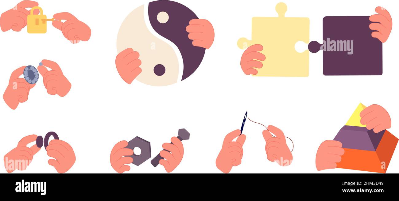 Hands collect different elements. Teamwork, business or finding balance ...