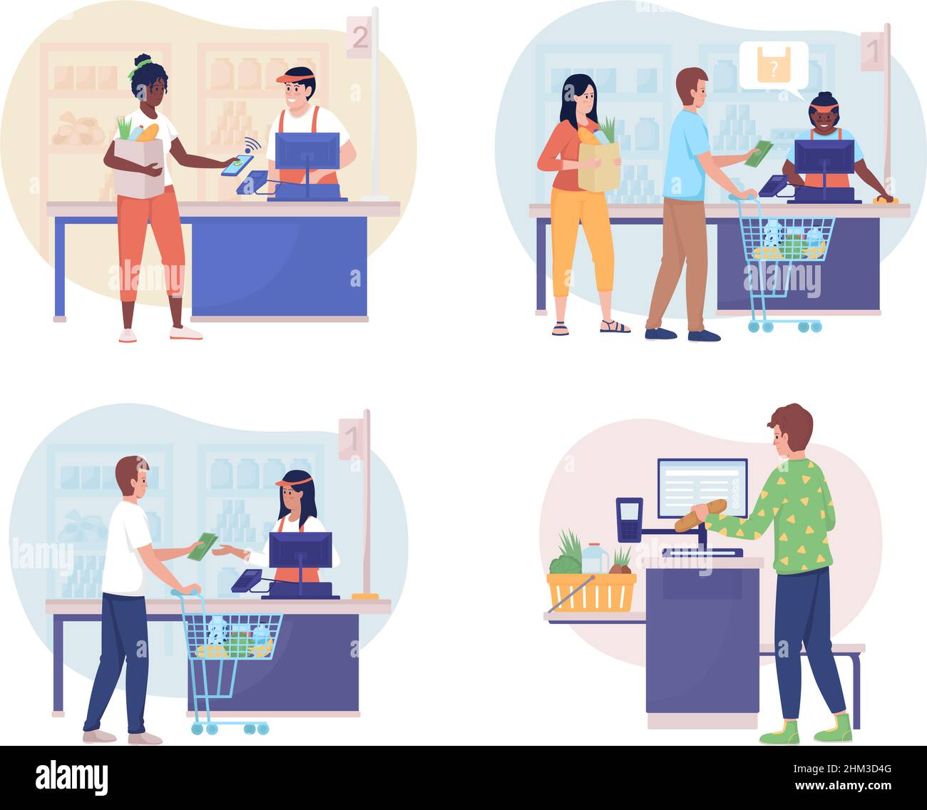 Buying groceries in shop 2D vector isolated illustration set Stock ...