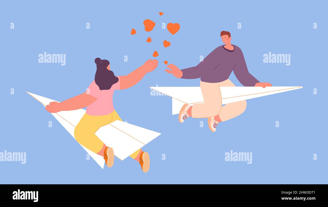 Woman man flying on paper plane. Fleeting infatuation, sympathy and ...