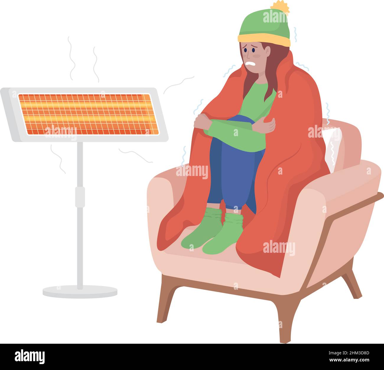 Cold girl at heater lamp semi flat color vector character Stock Vector ...