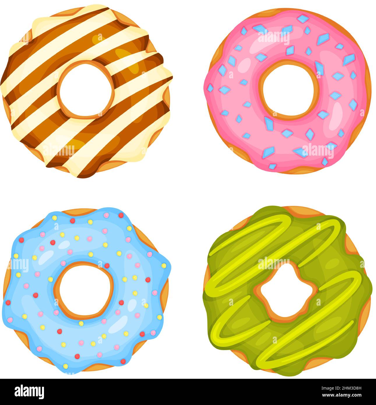Cartoon donuts with sweet sugar icing. Delicious pastry with different ...