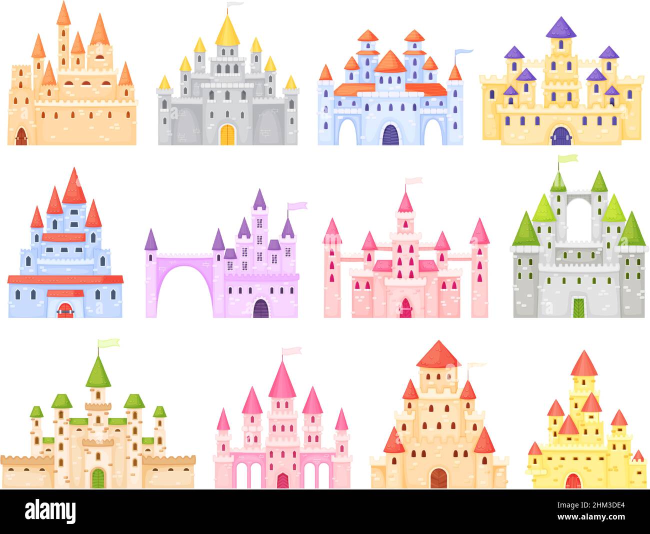 Fantasy cartoon medieval castles. Fairy tale royal kingdom with towers. Ancient dream building ...