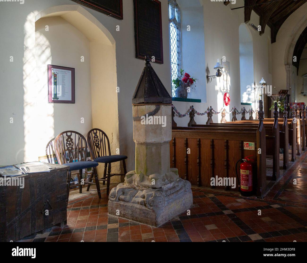 14th century stone baptism font with wooden cover dated 1667, Syleham ...