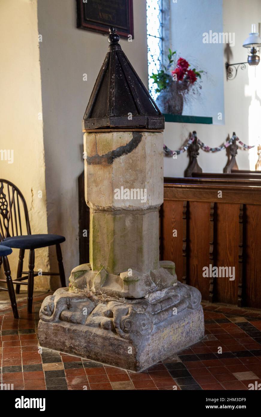 14th century stone baptism font with wooden cover dated 1667, Syleham ...