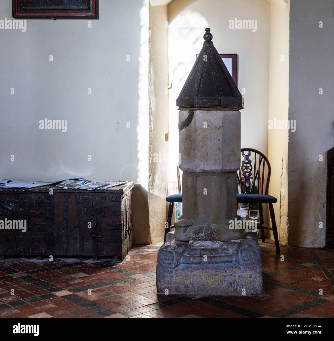 14th century stone baptism font with wooden cover dated 1667, Syleham ...