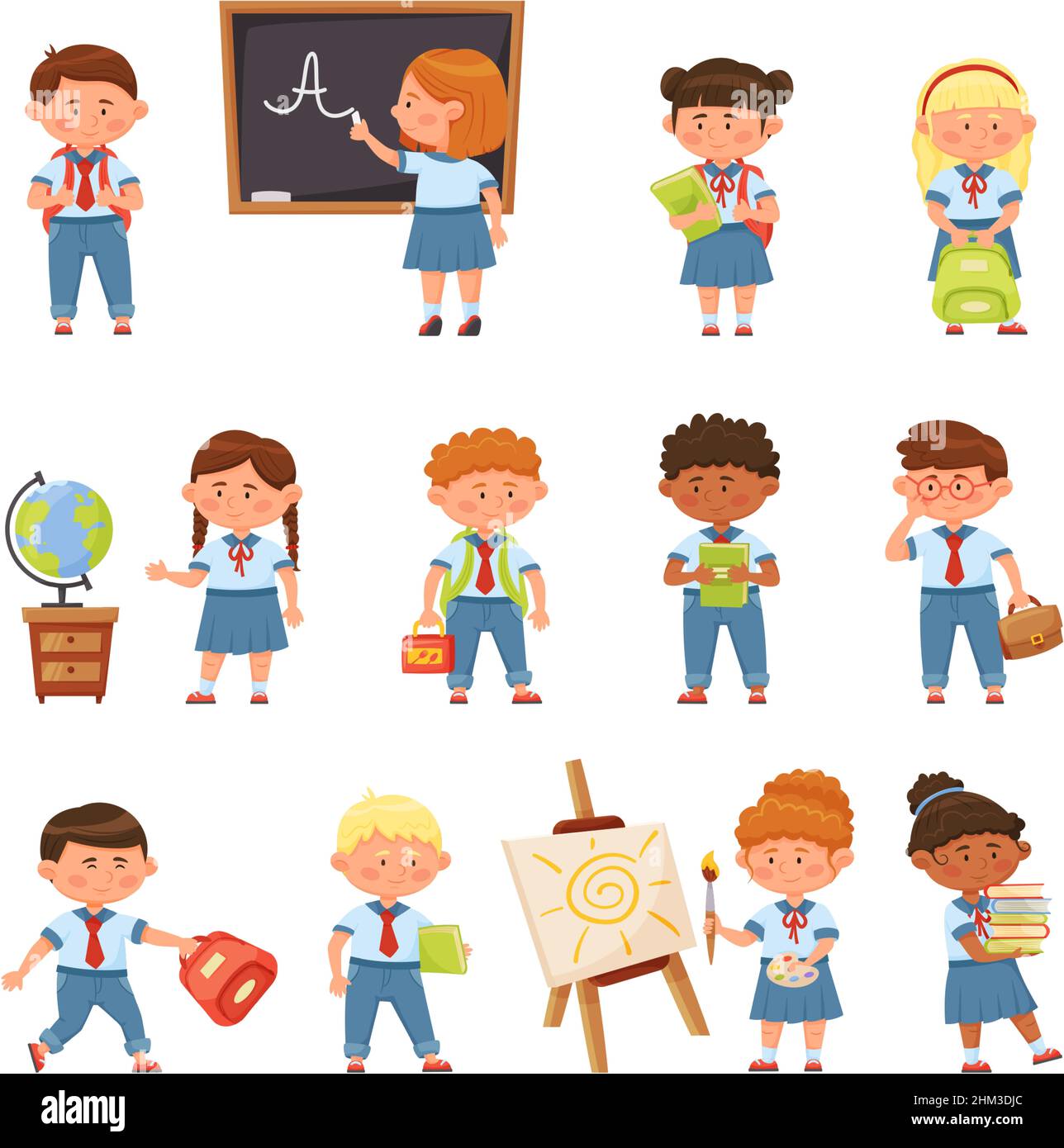 Cartoon school children in uniform. Female and male pupils doing ...