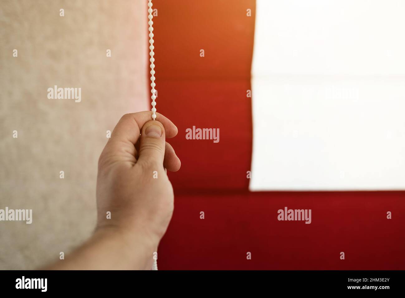 hand pull rope and closed modern red jalousie on windows in room. Roll ...