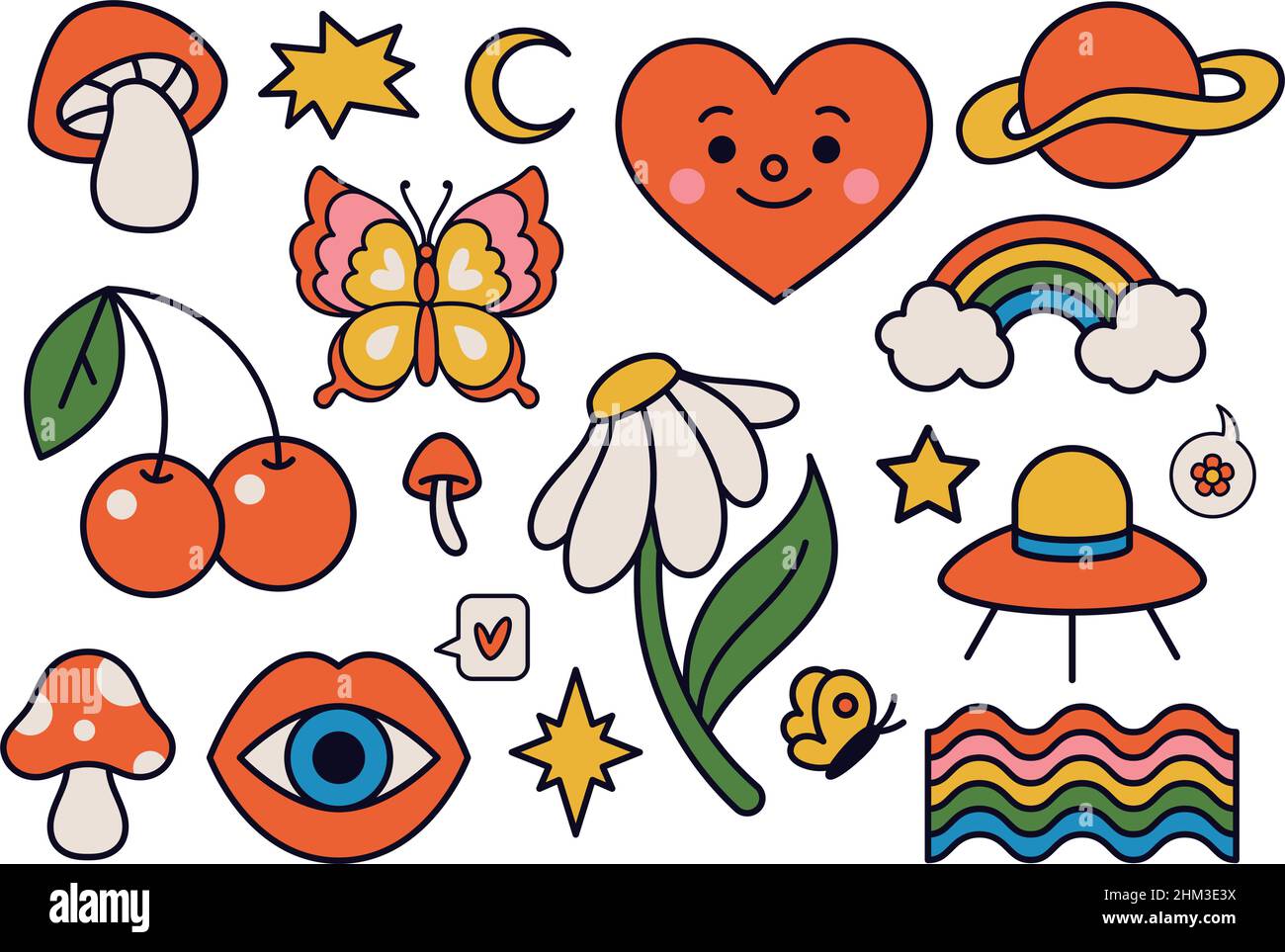 Cute funky hippy stickers. Retro 70s vibe, psychedelic groovy elements ...