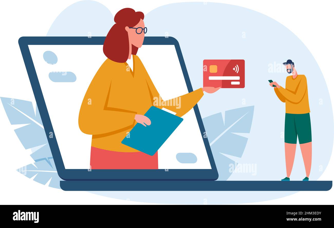 Finance and credit online banking concept. Assistant giving credit card ...