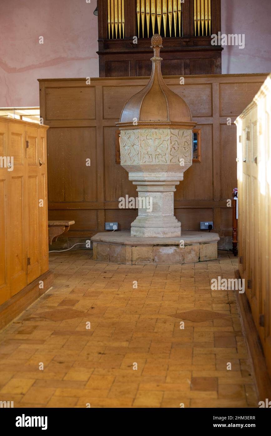 Simple plain interior with wooden box pews, baptismal font, Shelland ...