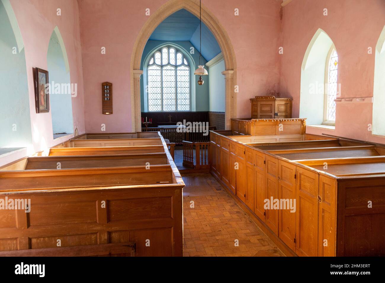 Simple plain interior with wooden box pews, Shelland church, Suffolk ...