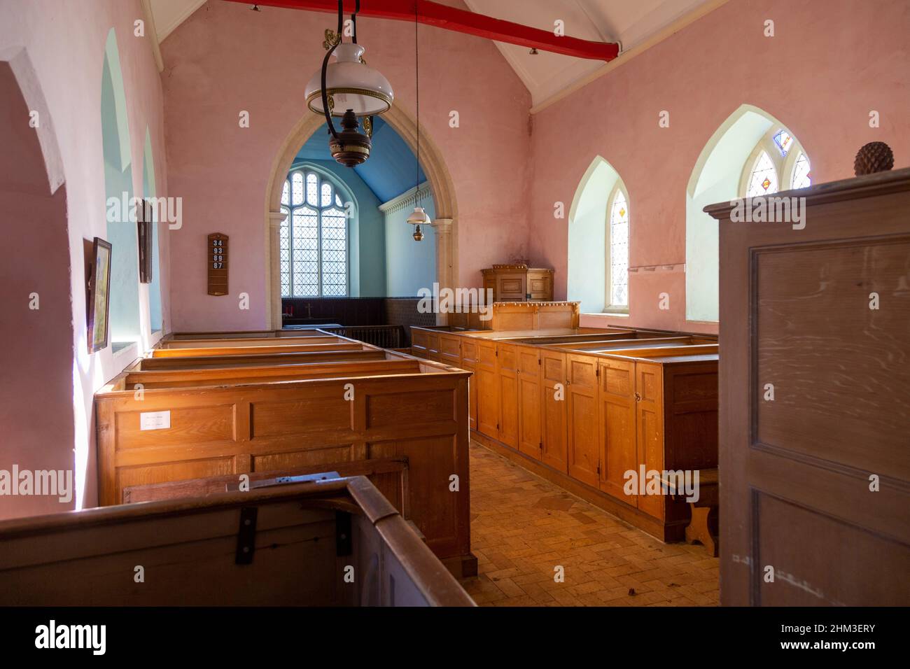 Simple plain interior with wooden box pews, Shelland church, Suffolk ...