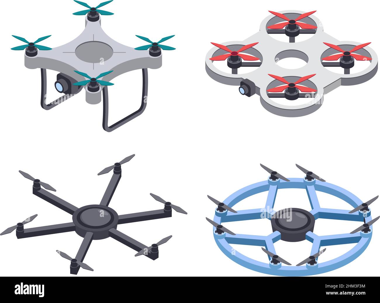 Isometric drone. Unmanned aircrafts with camera for monitoring or video filming. Flying remote ...