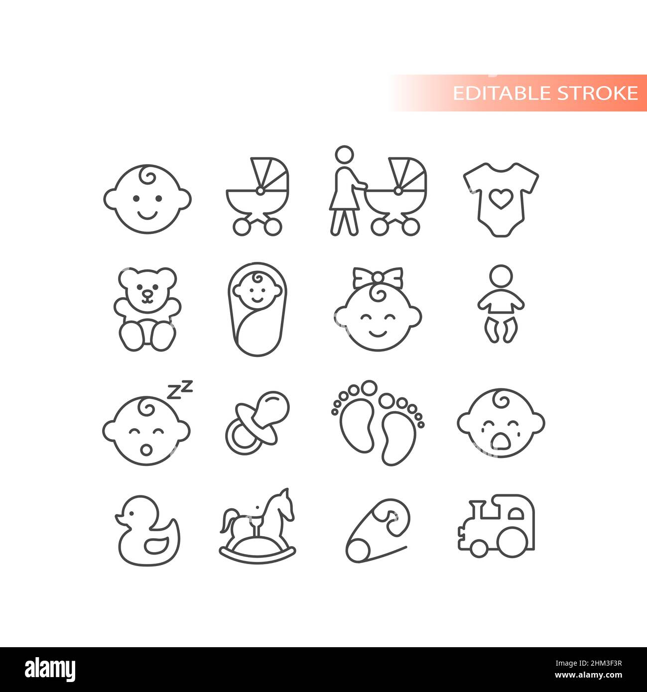 Baby outlined vector icon set. Toy train, teddy bear, cry baby symbols ...