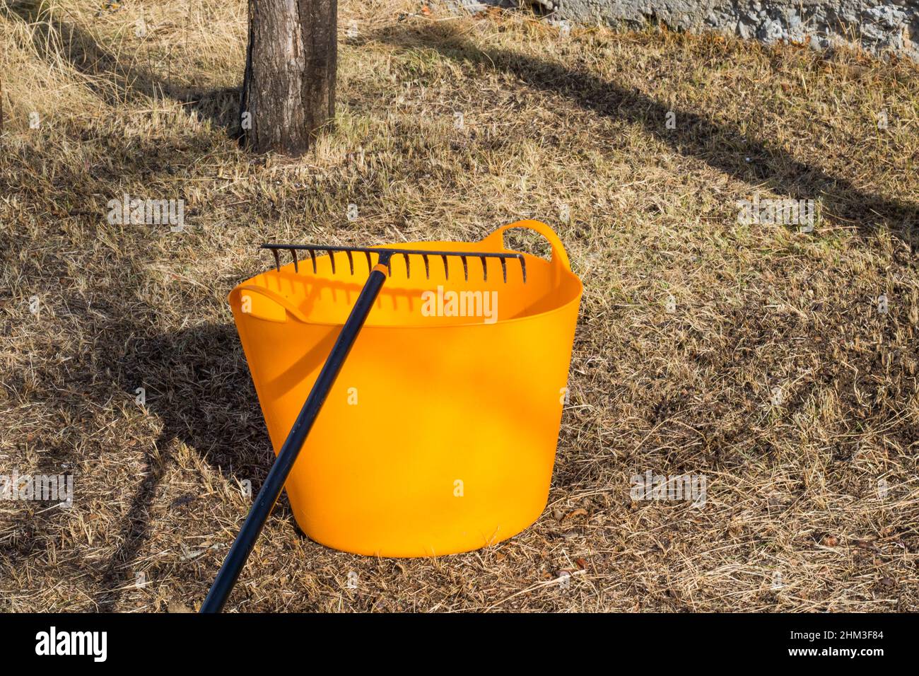 Orange bucket and black rake, gardening equipment and tool Stock Photo ...