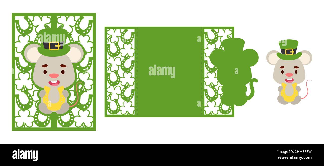 St. Patrick's Day mouse laser cutting invitation card template. Paper ...