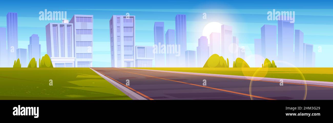 Highway, empty road to city with skyscraper buildings and modern houses ...