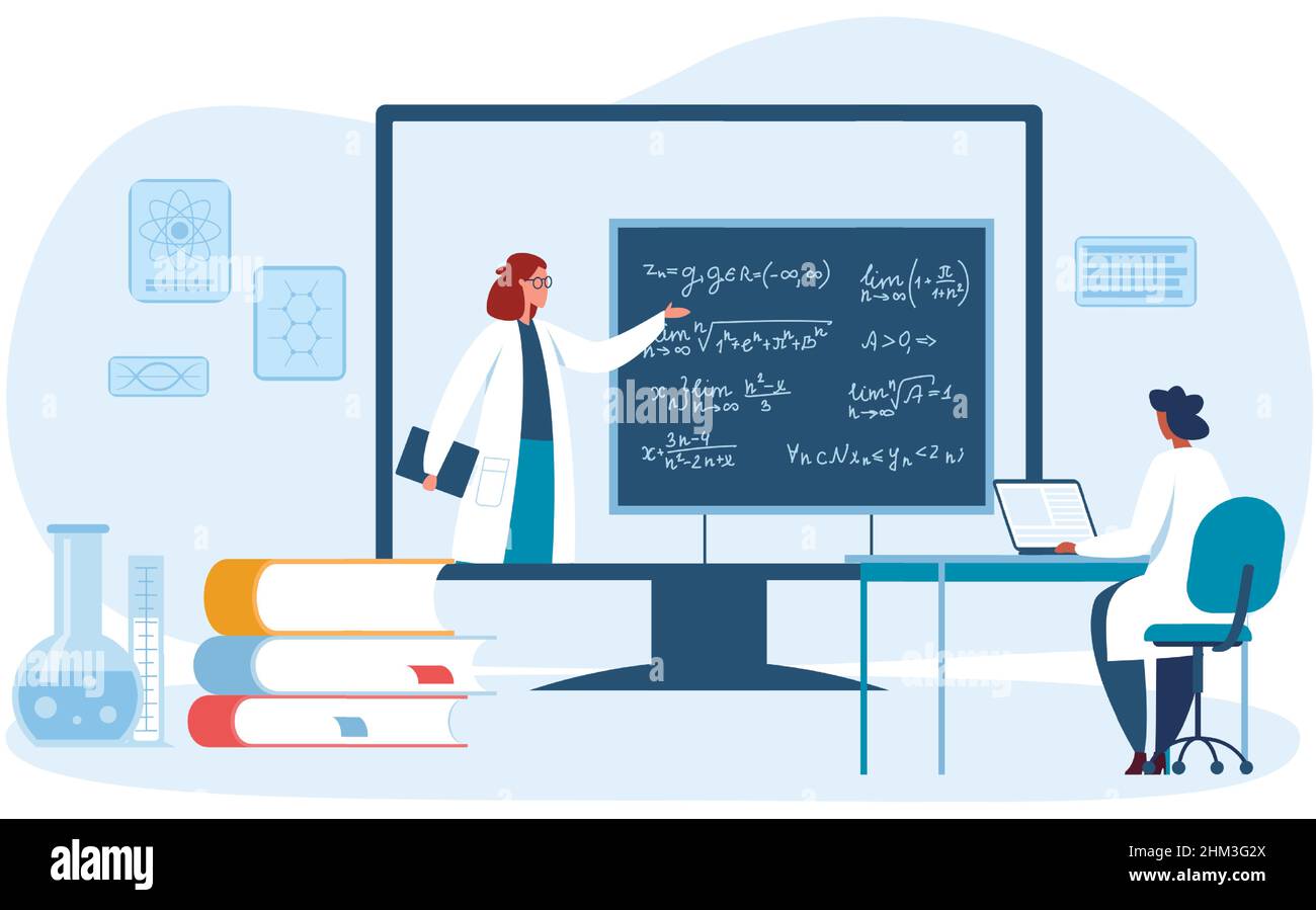 Online education scientists. Teacher conducting seminar for student via ...