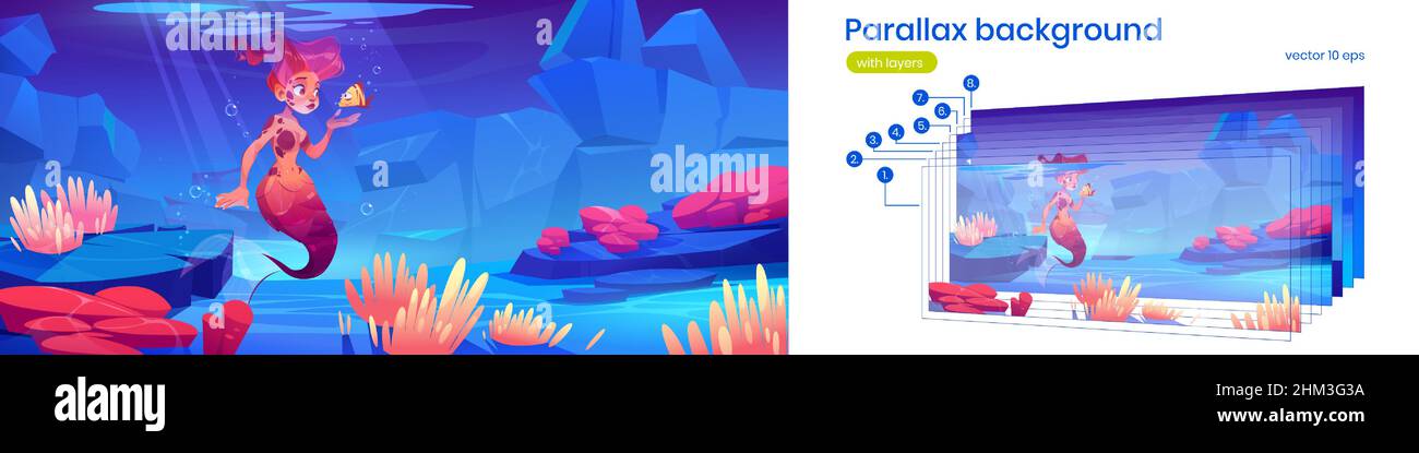 Parallax background with cute mermaid and fish in sea underwater ...