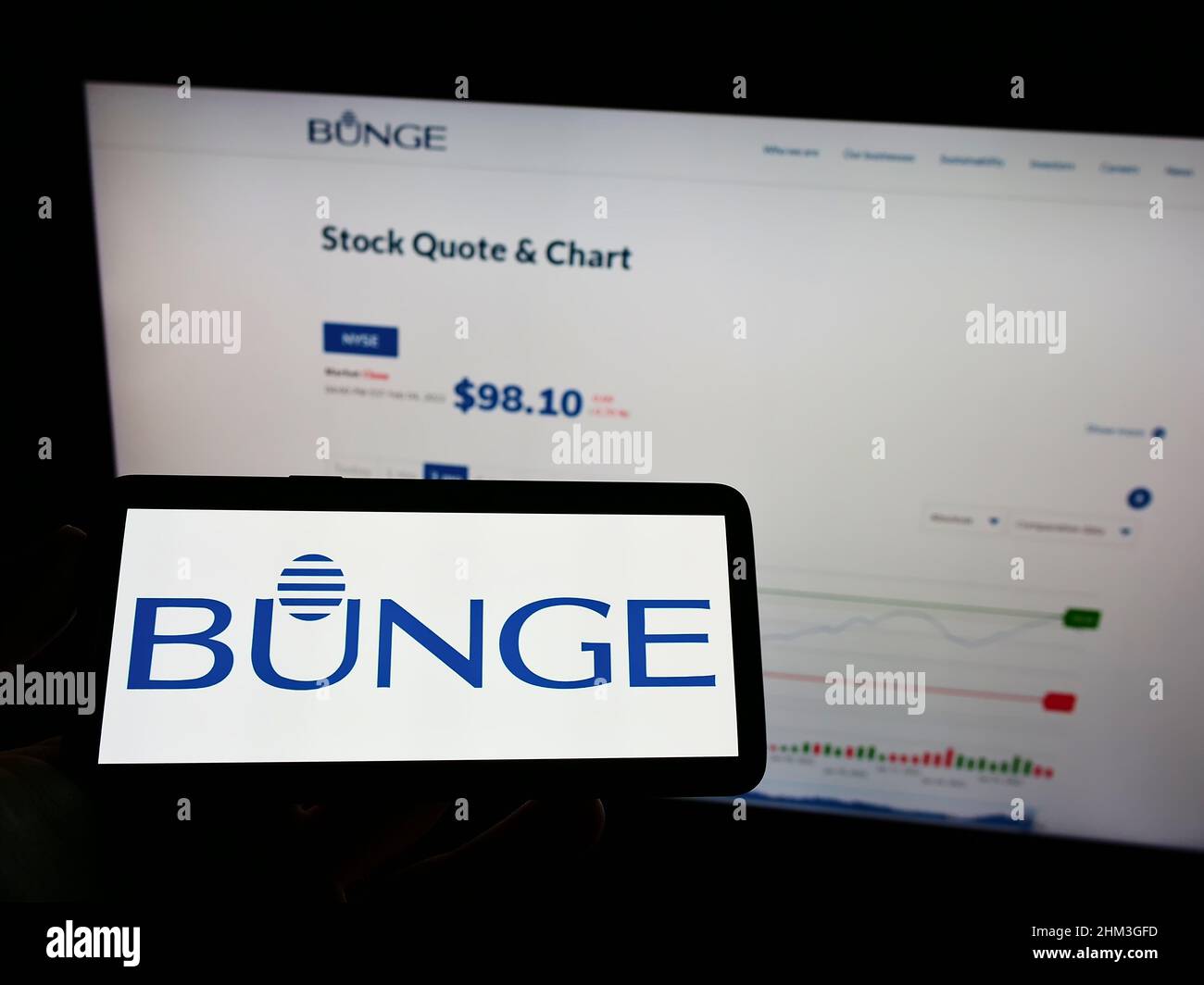 Person holding mobile phone with logo of agribusiness and food company ...