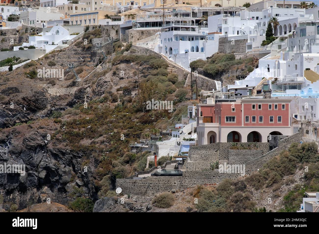 Panoramic view of the amazing architecture of the village of Fira in ...