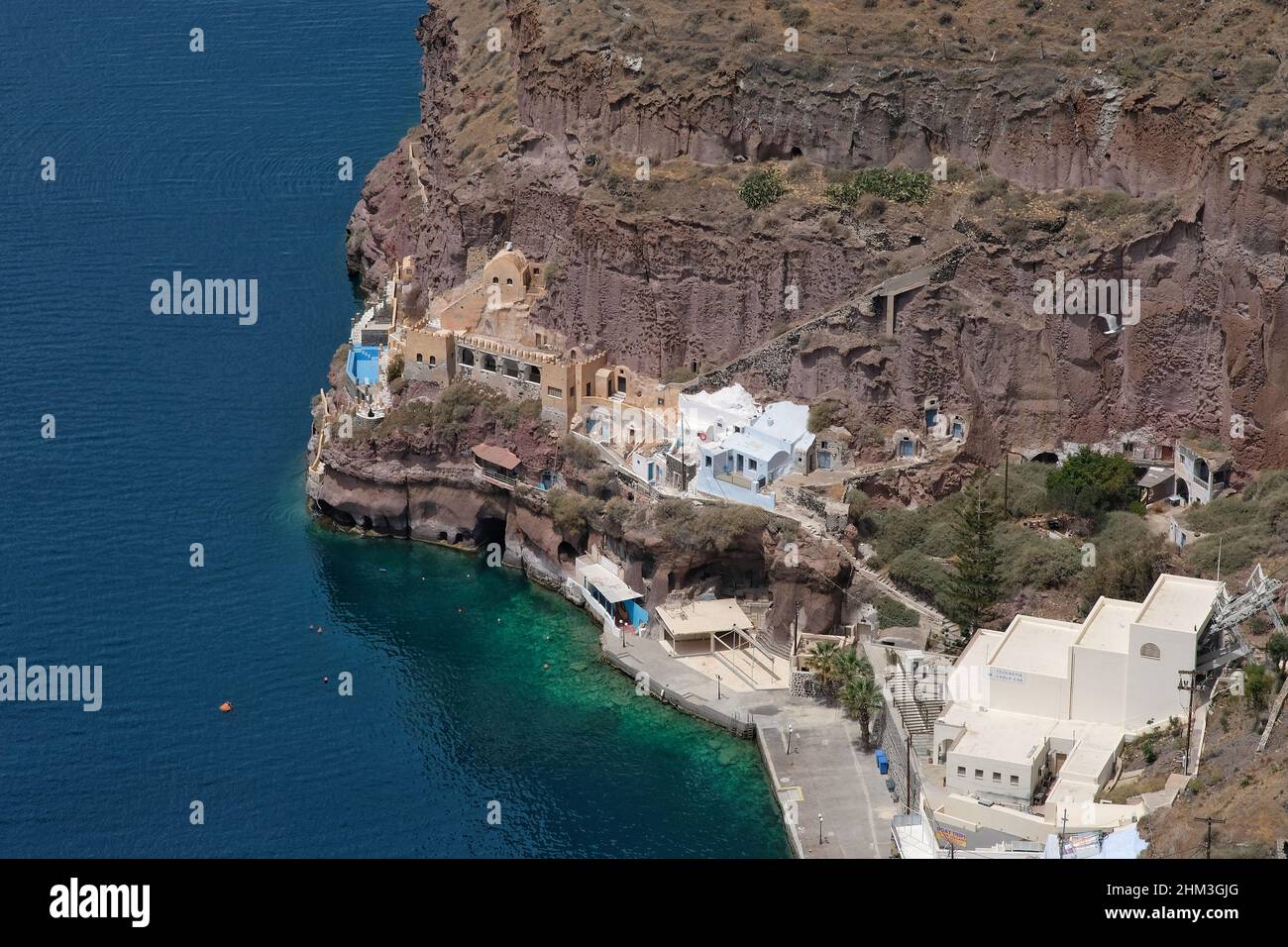 Aerial view of the old port Gialos, in Fira Santorini Greece Stock ...