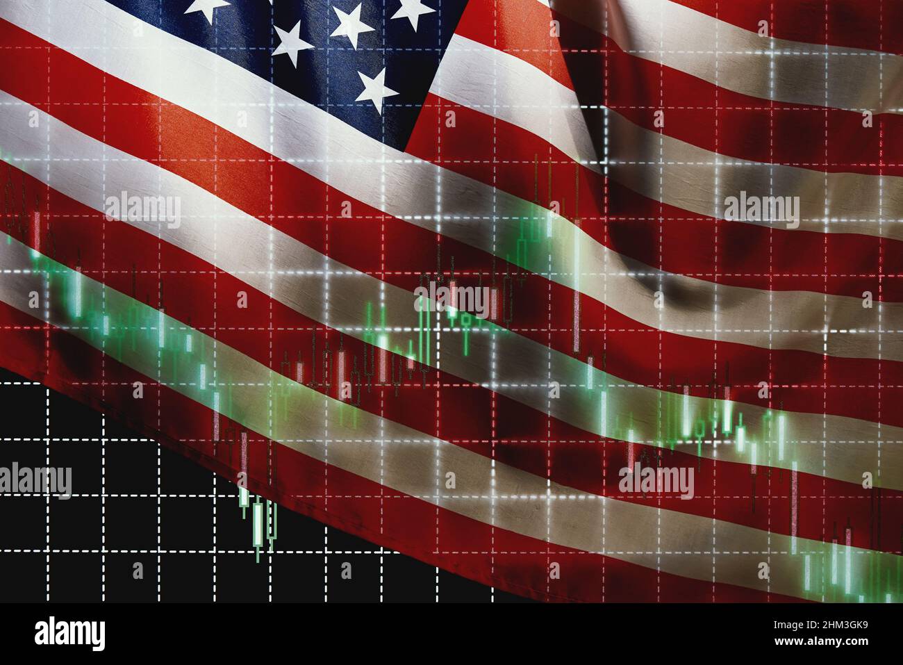 USA flag on background with stock market graph, Forex trading and ...