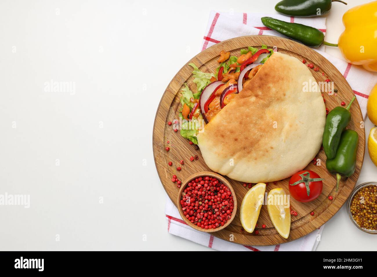 Concept of tasty food with pita with chicken, space for text Stock ...