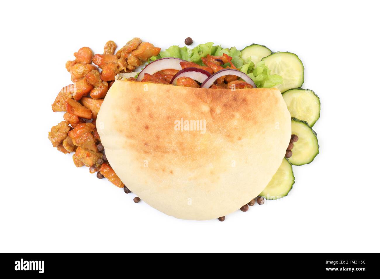 Pita with chicken isolated on white background Stock Photo - Alamy