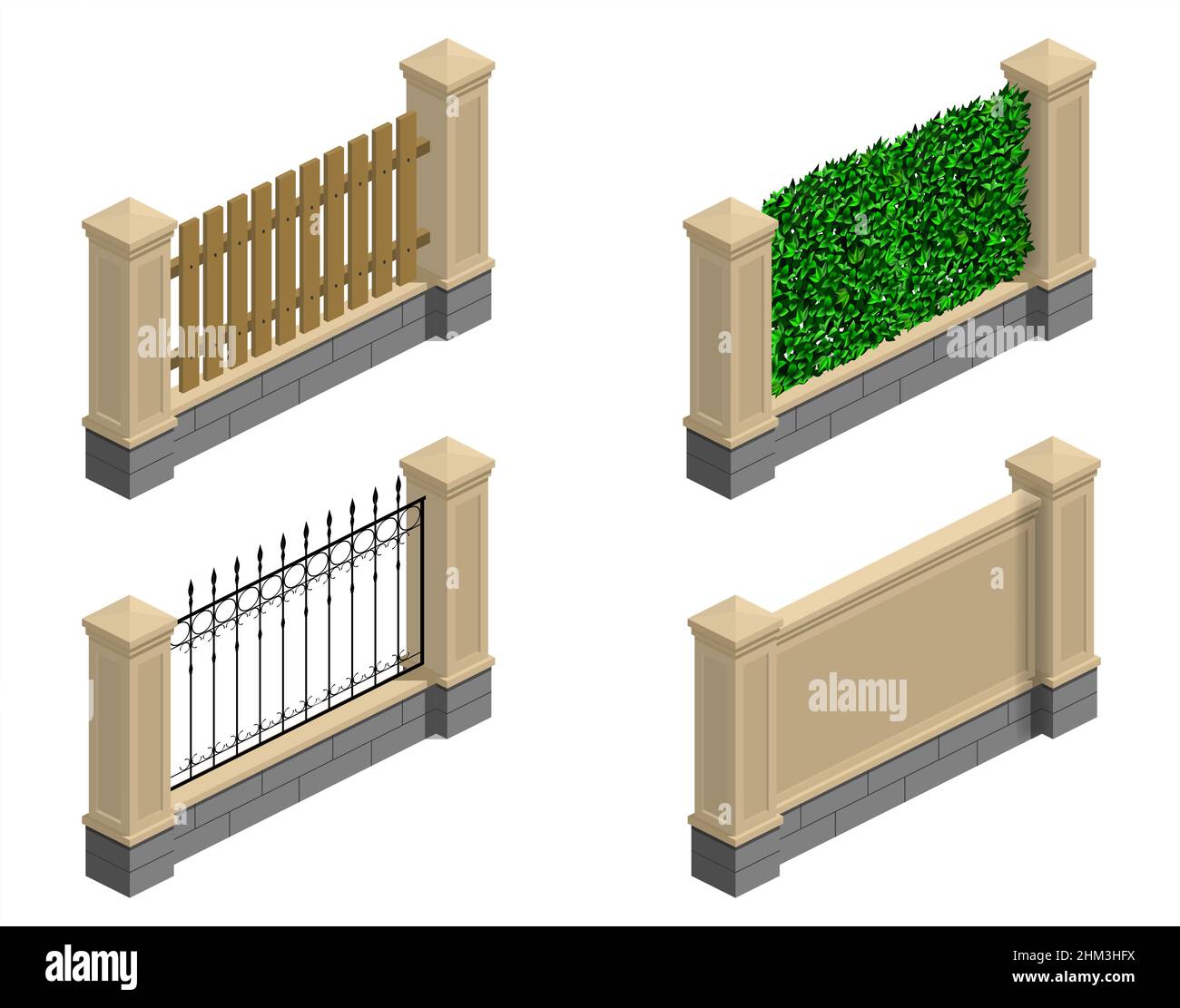 Set of stone fences, borders and walls in an isometric view. Mesh ...
