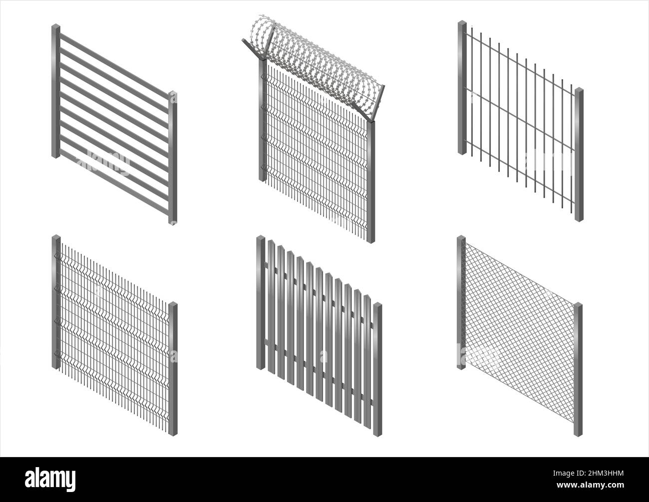 Set of metal fences, borders and walls in an isometric view. Mesh ...