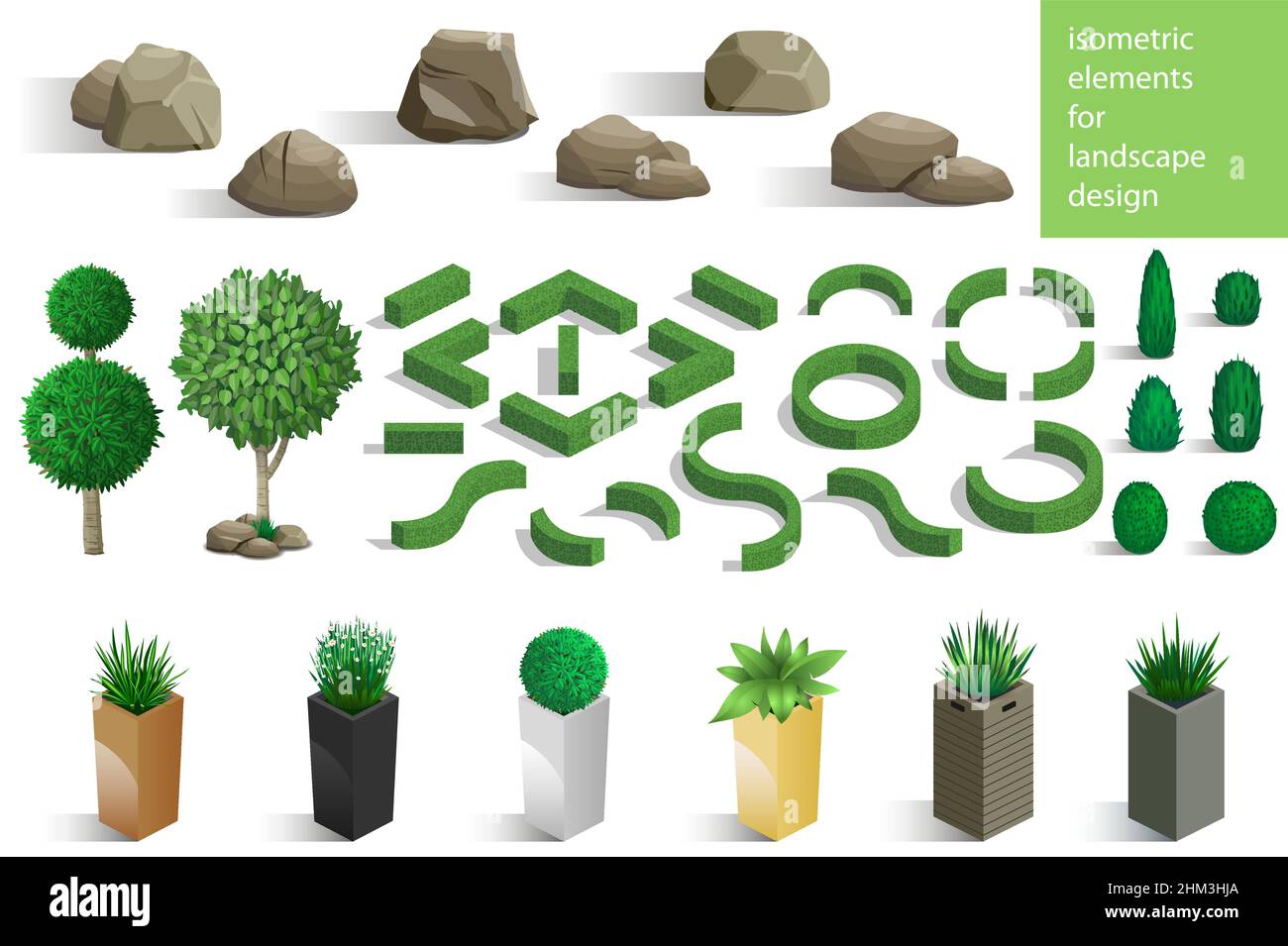 Set of landscape elements stones and plants for the design of the ...