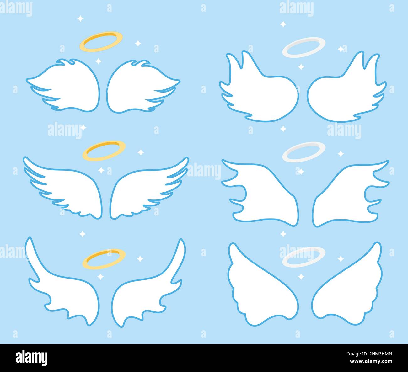Angel wings with gold and silver nimbus. Cartoon vector icons set ...