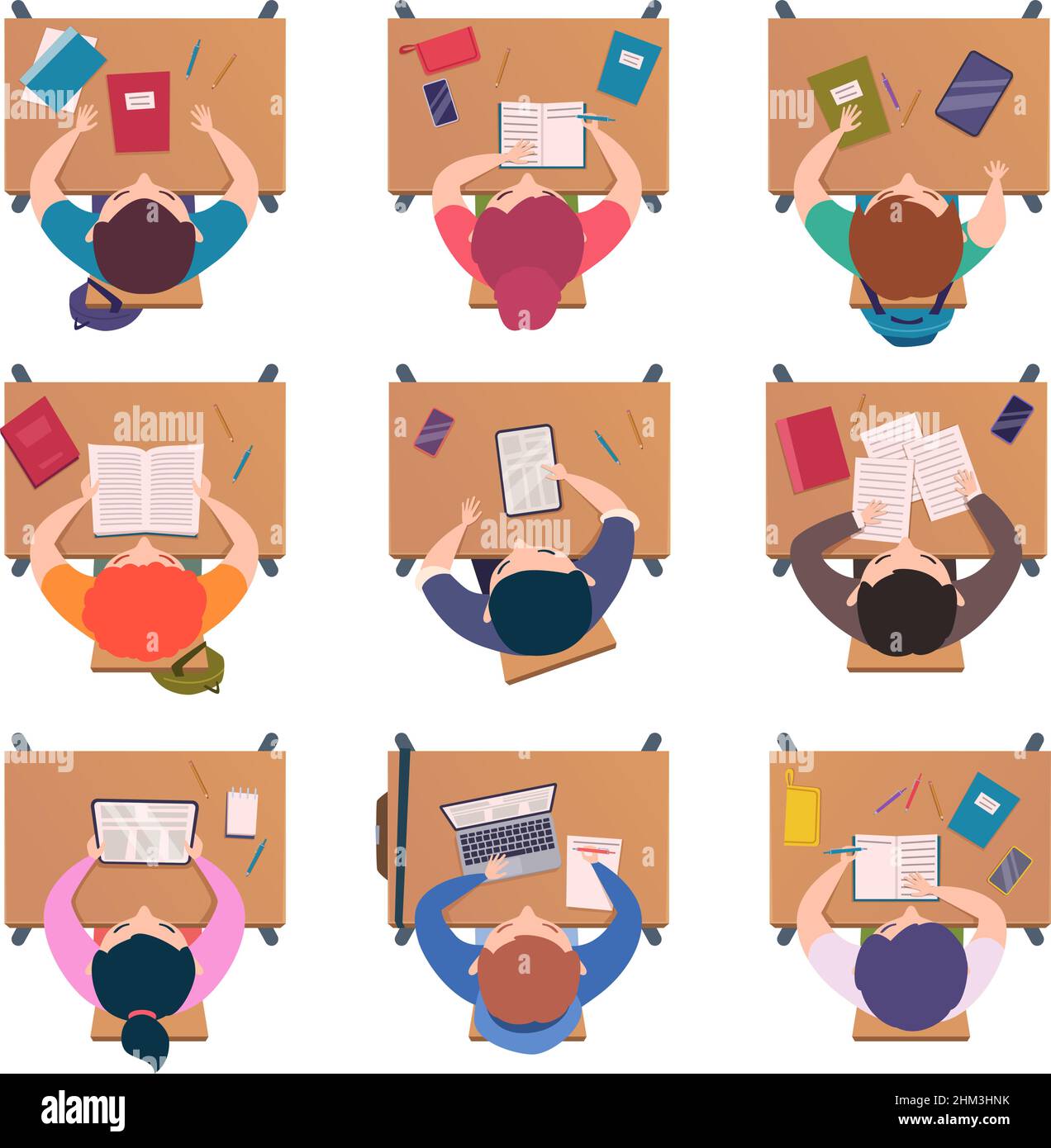 Students top view. School education lessons children sitting at desk ...