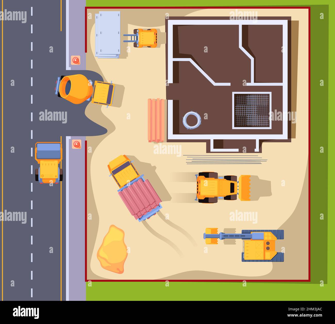 Construction processes. Background top view builders working on heavy ...
