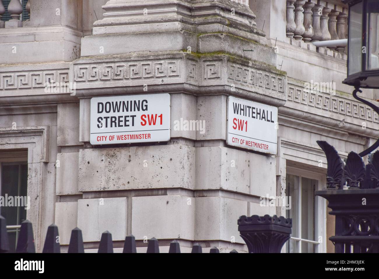 Detail of the Downing Street and Whitehall signs in Westminster, London ...