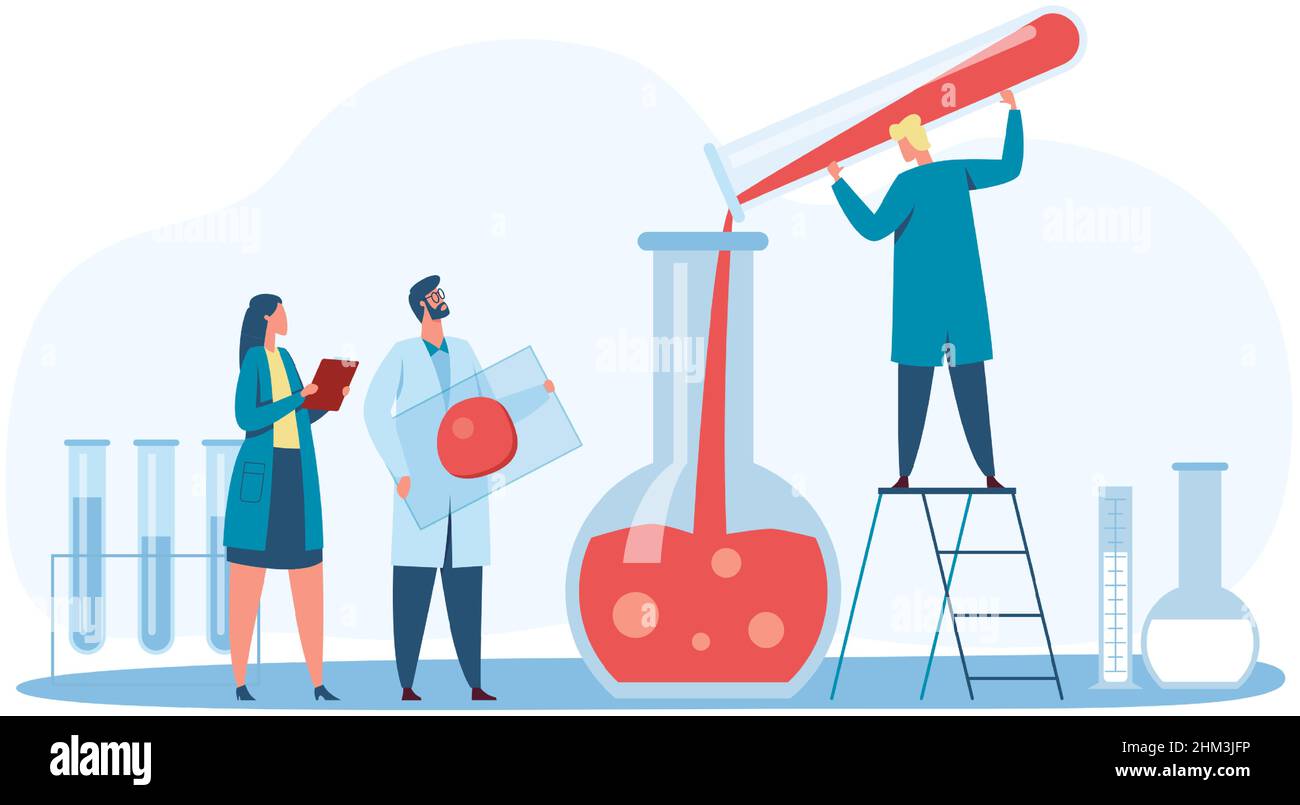 Scientists research. Researcher standing on ladder pouring red liquid ...