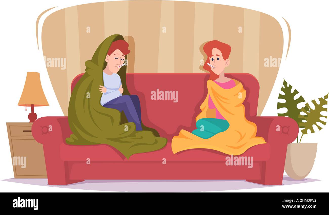 Person under blanket. Sick covered characters relaxing on sofa exact ...