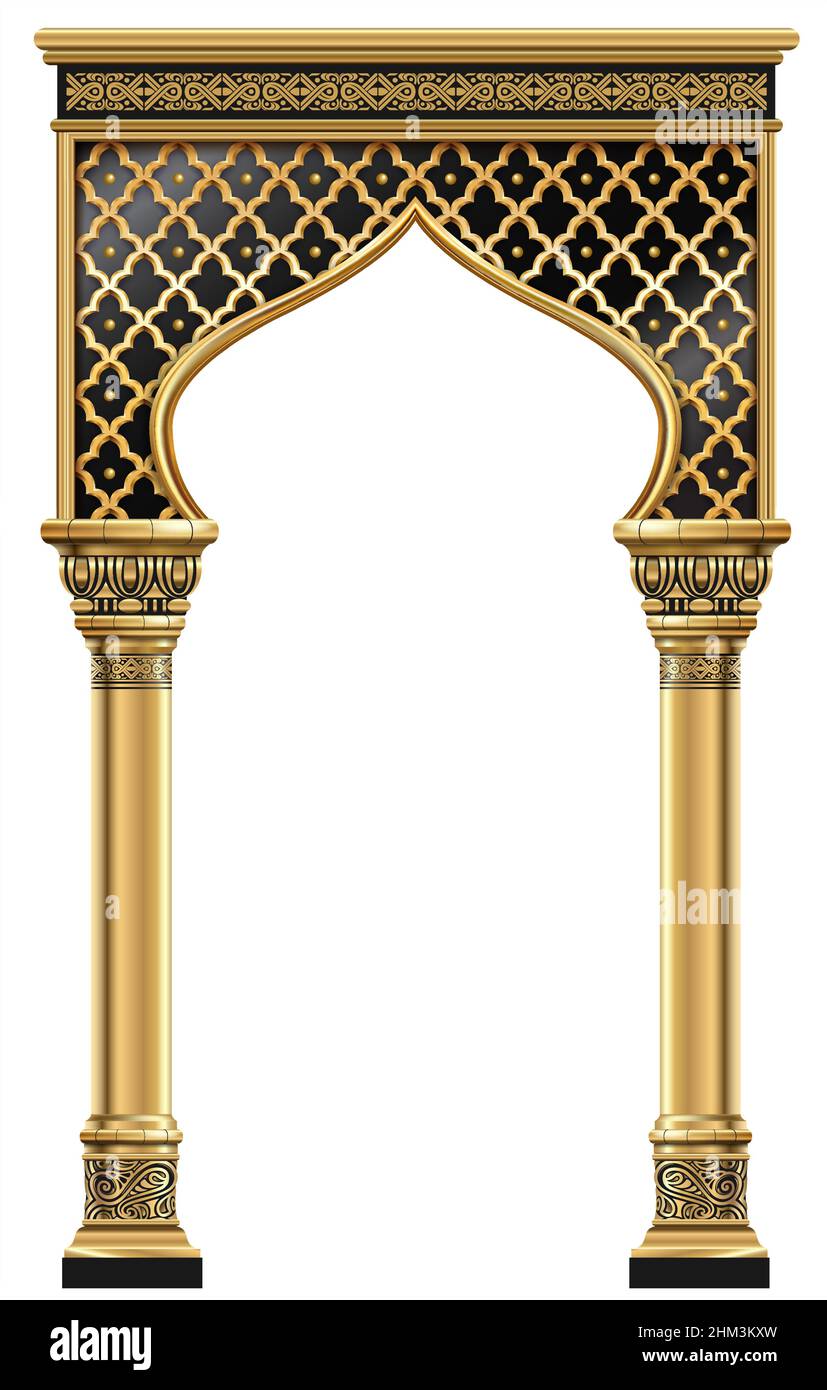 Golden luxury classic arch with columns. The portal in Baroque style ...