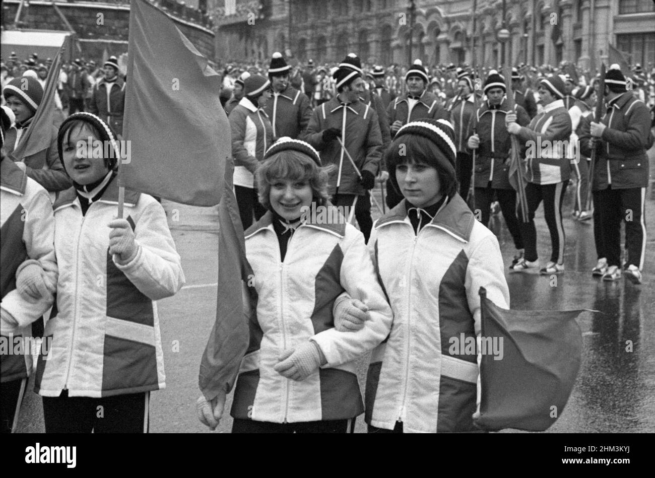 The 60th anniversary of the October Revolution. People come out of Red ...