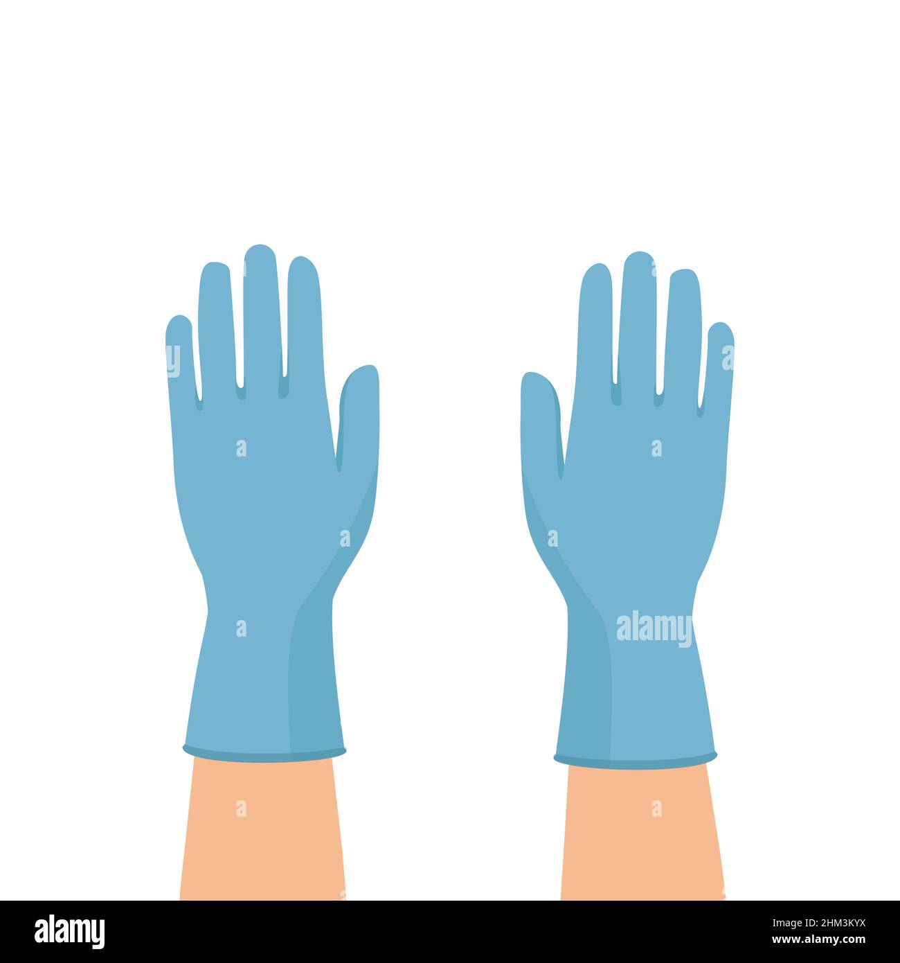 Hands putting on protective blue gloves isolated on white background ...