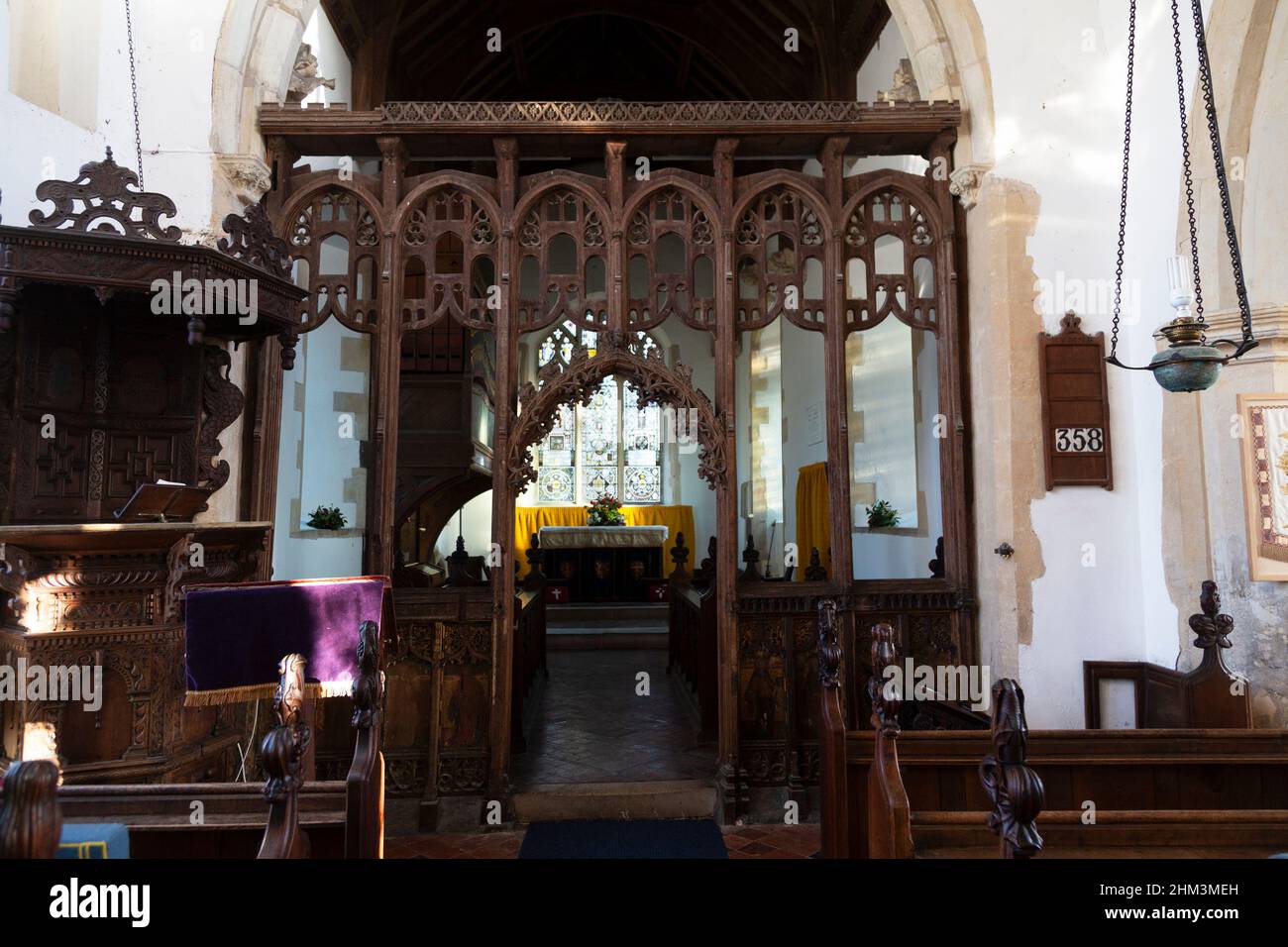 Carved wooden rood screen in chancel arch, Yaxley church, Suffolk ...