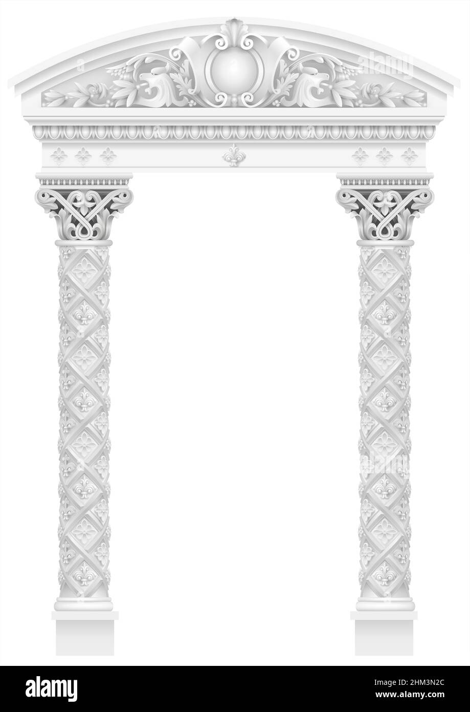 Antique white colonnade with Ionic columns. Three arched entrance or niche. Vector graphics ...