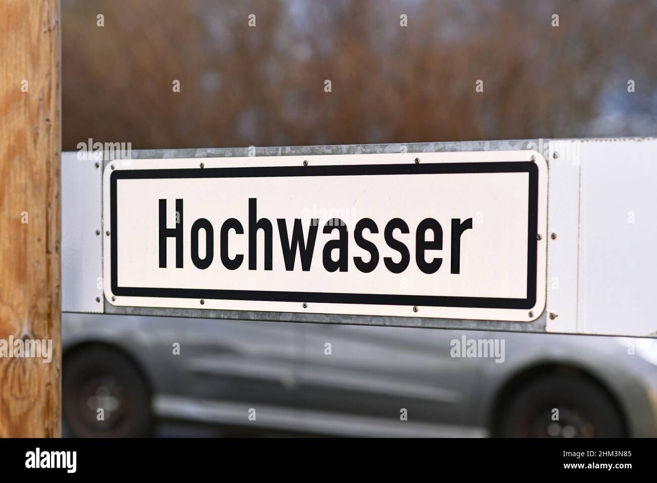 German water flood sign at Rhine river saying 'Hochwasser' Stock Photo ...