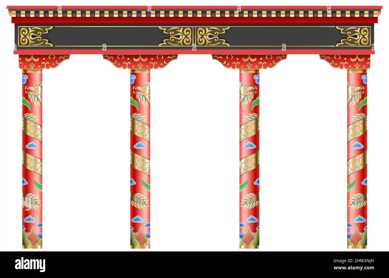 The Eastern red chinese arch. Carved architecture and classic columns ...