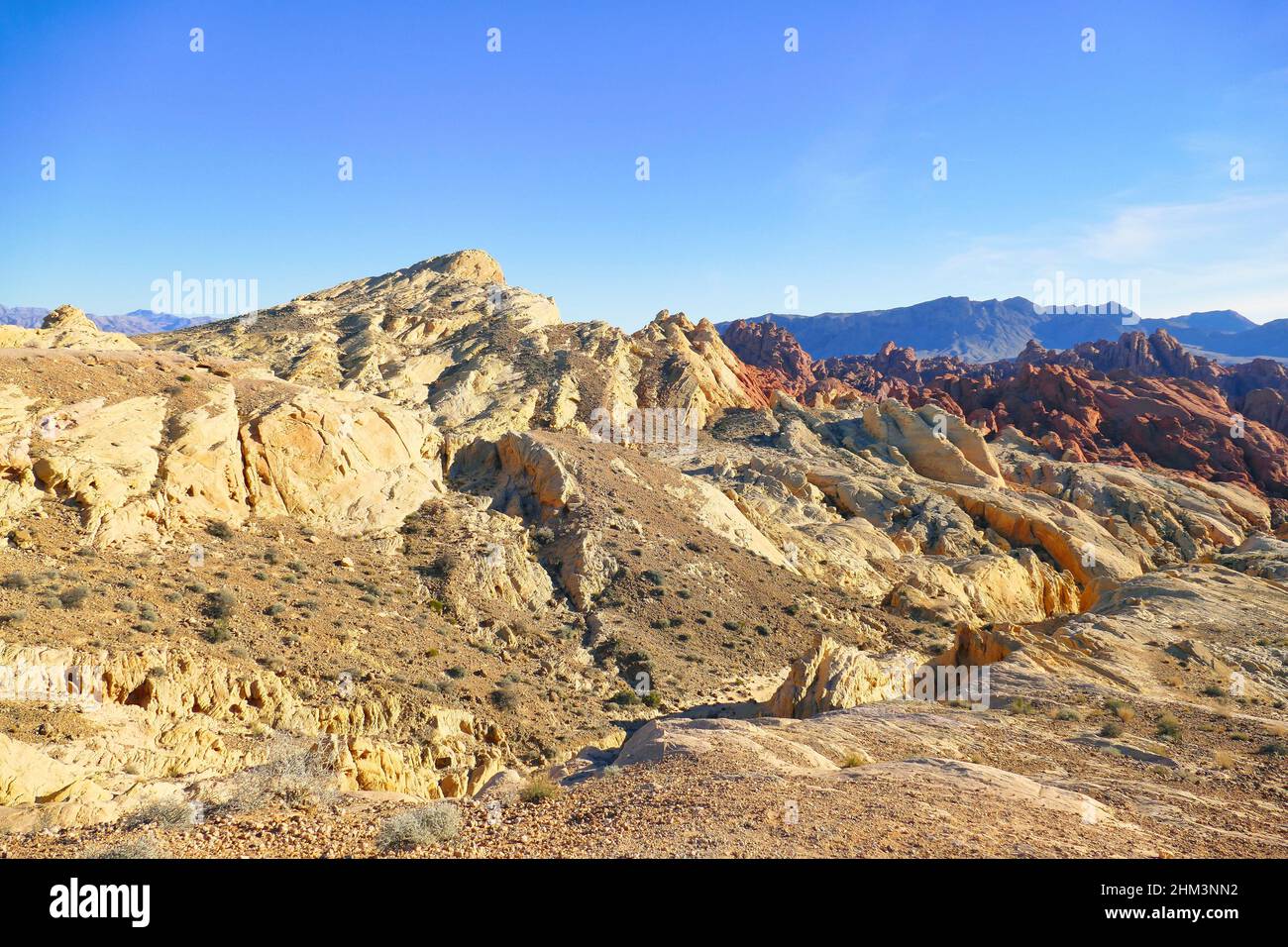 Yellow, red and brown rock formations in a wild part of Valley of Fire ...