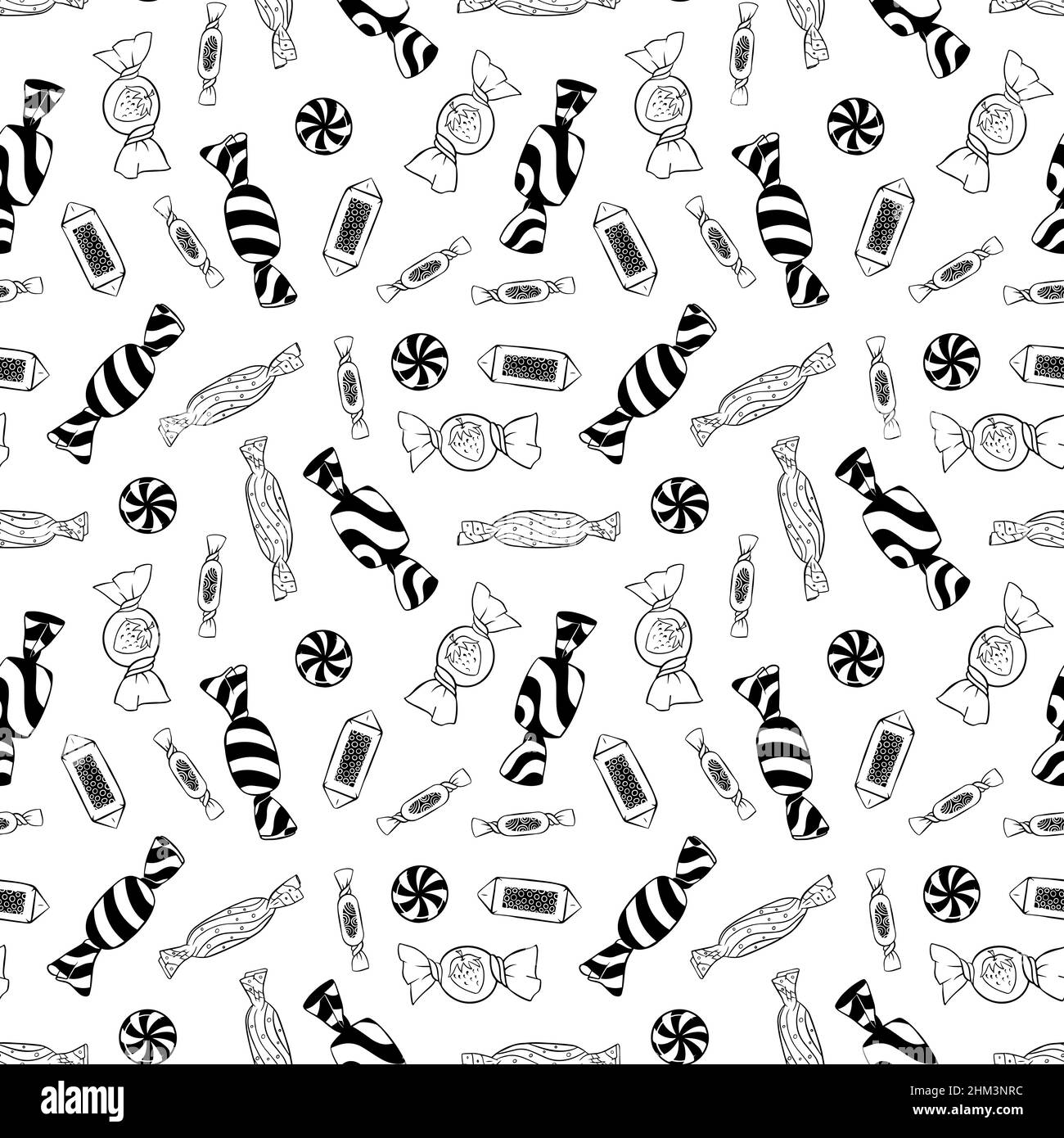 Candy seamless pattern. Black doodles on white background. Vector illustration Stock Vector ...