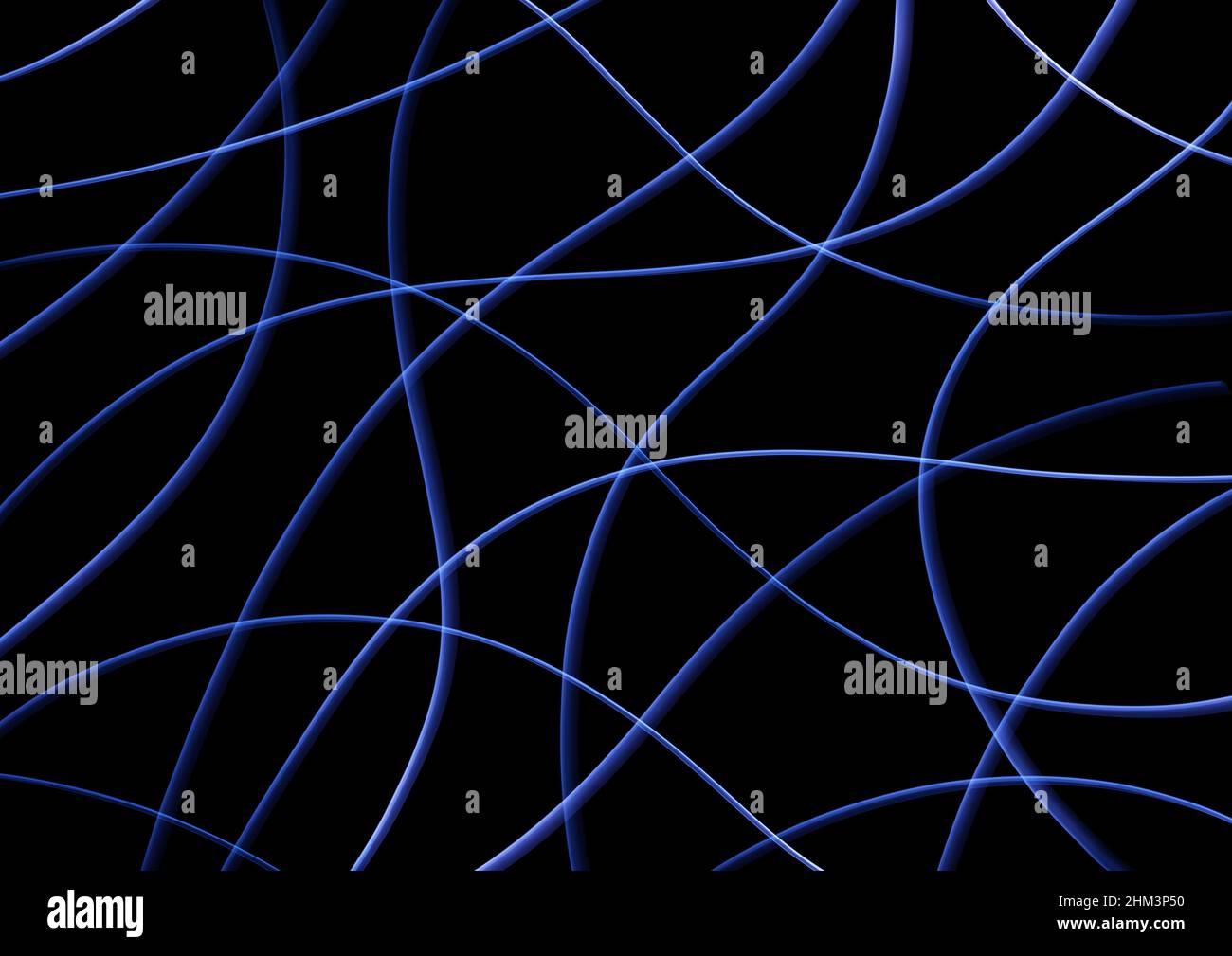 Abstract art background black color with wavy neon navy blue lines ...