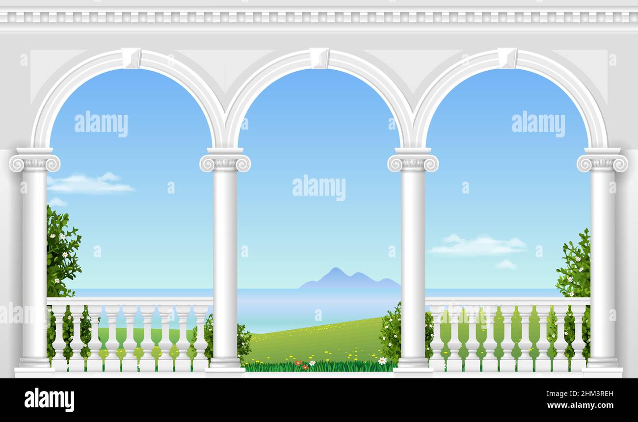 Balcony of a fabulous palace in classical style with a view of the sea ...