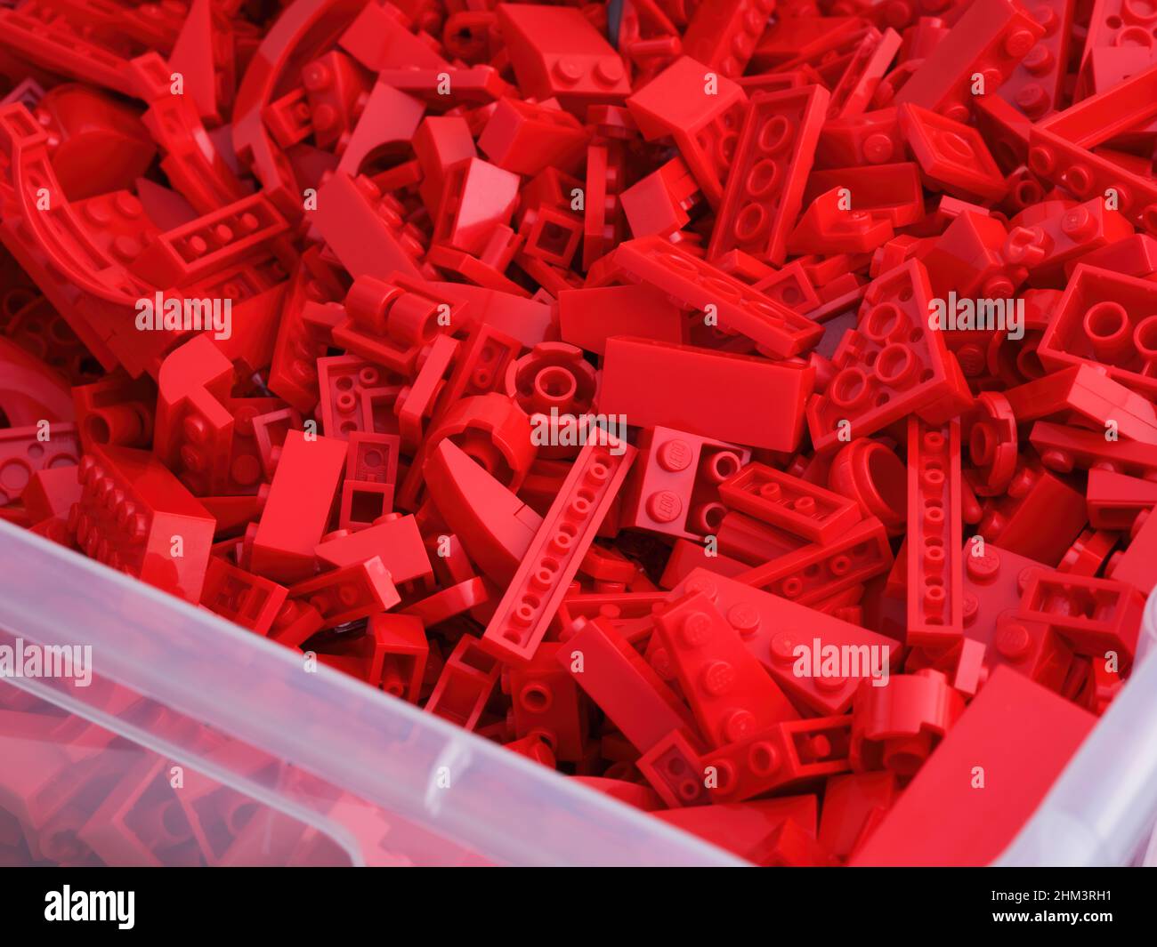 Tambov, Russian Federation - July 16, 2021 A lot of red Lego blocks ...